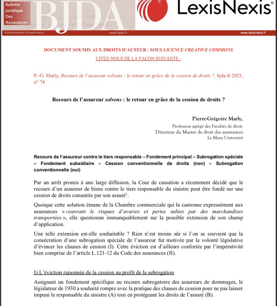 Le recours de l’assureur solvens contre le responsable du dommage – Pierre-Grégoire Marly ...
